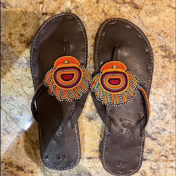 Shoes | Azus Leather Beaded Flip Flops 49 | Poshmark